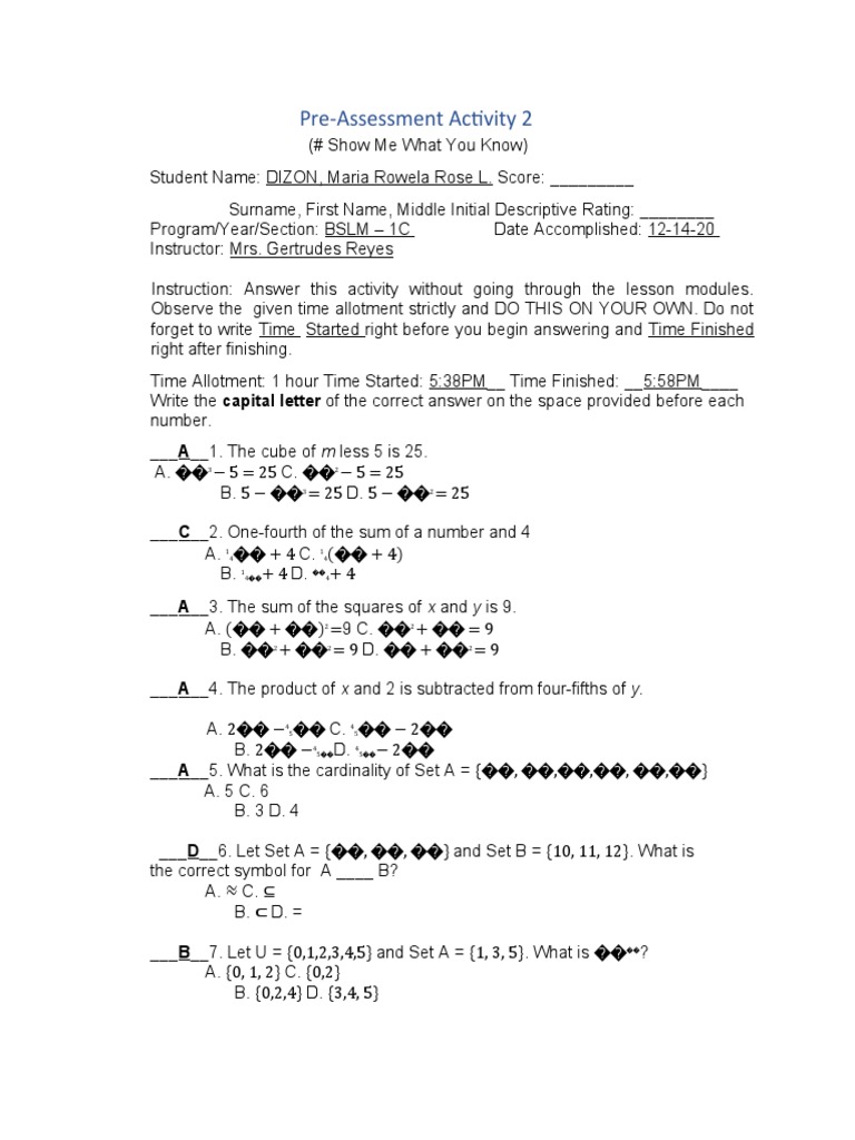 Pre-Assessment 2 | PDF | Algebra | Number Theory