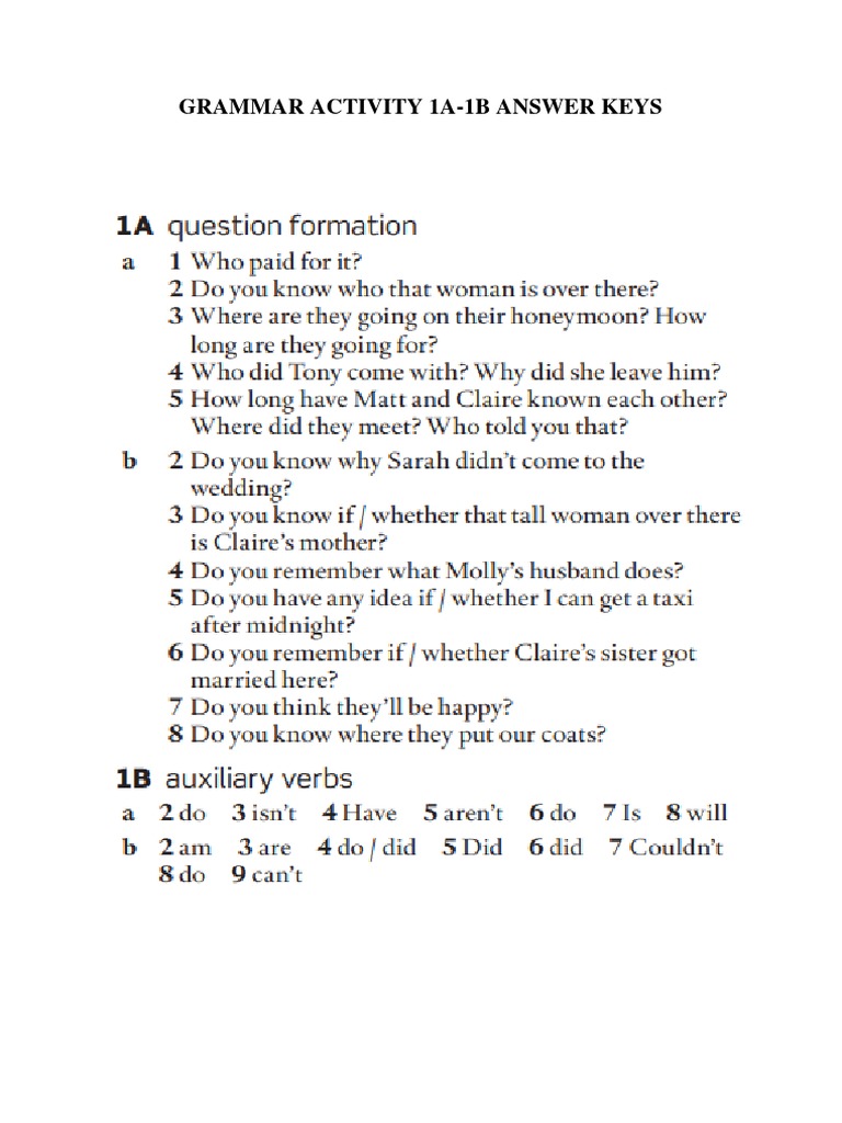 Grammar Activity 1a-1b Answer Keys | PDF