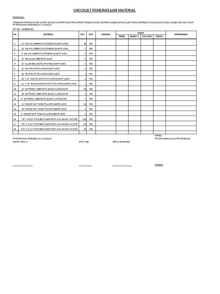 Material Inspection Checklist for Pertamina | PDF | Gas Technologies ...