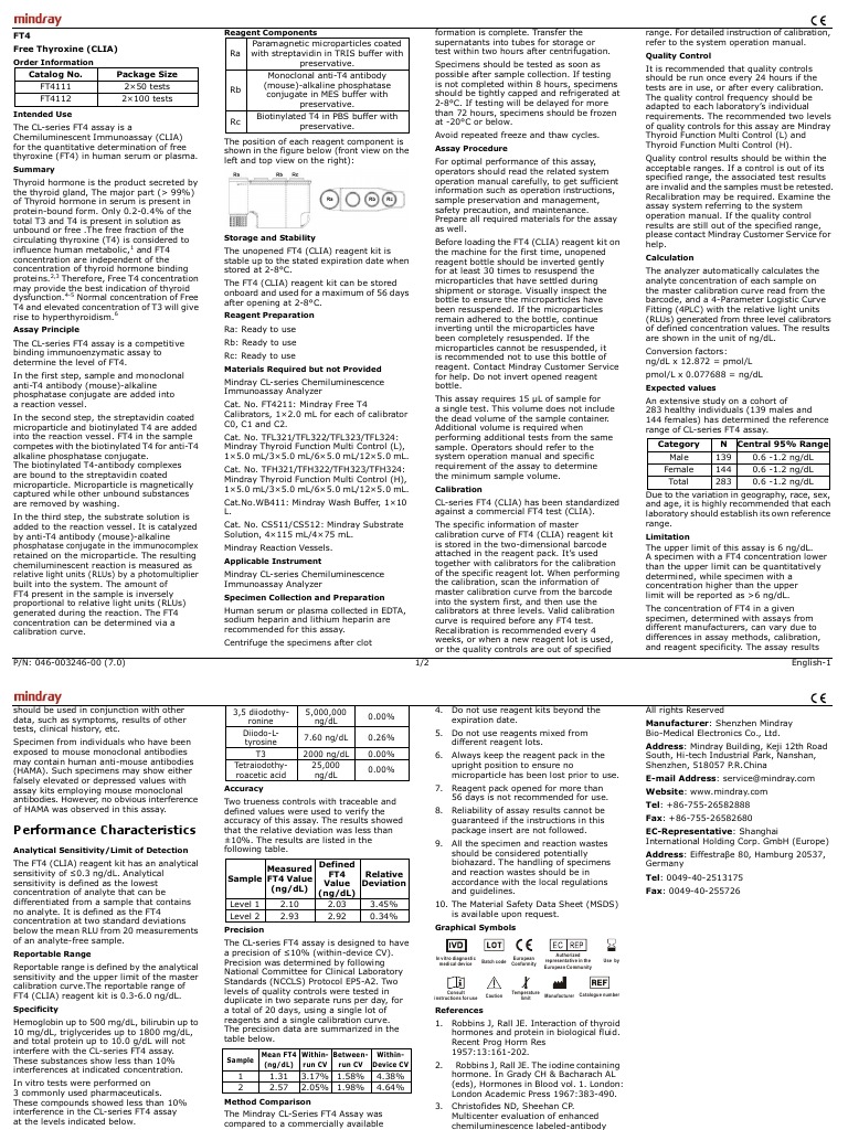 FT4 Free Thyroxine (CLIA) Catalog No. Package Size | PDF | Chemistry ...