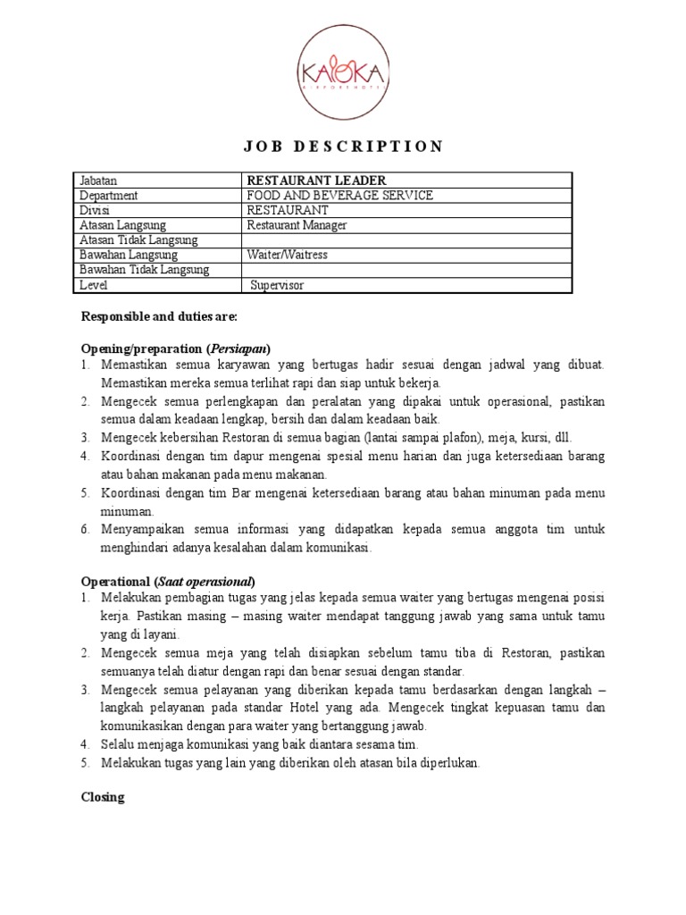 FB Service Jobdesc | PDF