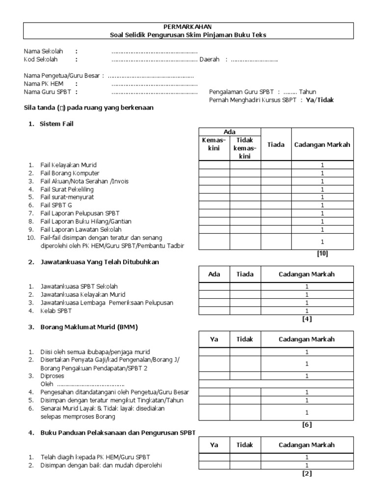 Borang Penyeliaan Pengurusan SPBT | PDF