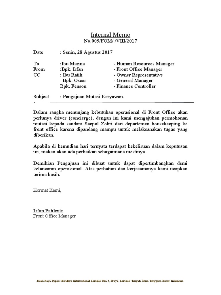 Internal Memo - Pengajuan Mutasi Karyawan | PDF