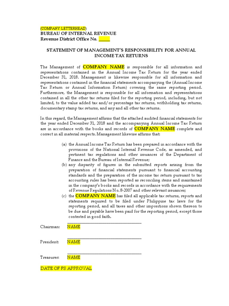 Statement of Management Responsibility For BIR | PDF | Tax Return ...