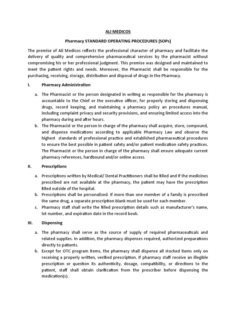 Ali Medicos Pharmacy Standard Operating Procedures (Sops) | PDF ...