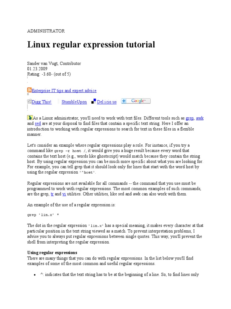 Linux Regular Expression | PDF | Regular Expression | Computer Programming