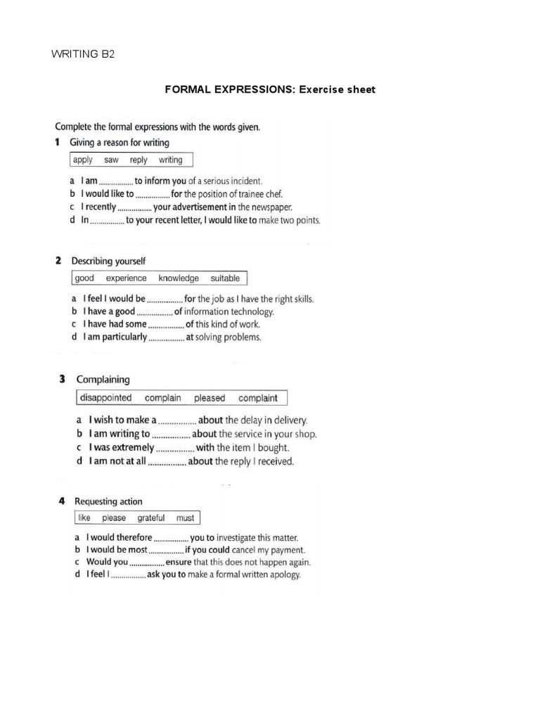WRITING B2 FORMAL EXPRESSIONS - Exercise Sheet | PDF