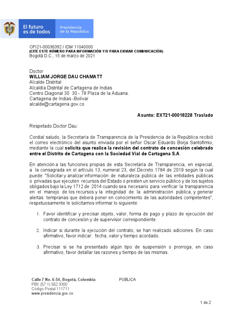 Oficio Secretaria Transparencia A William Dau | PDF | Bogotá | Gobierno
