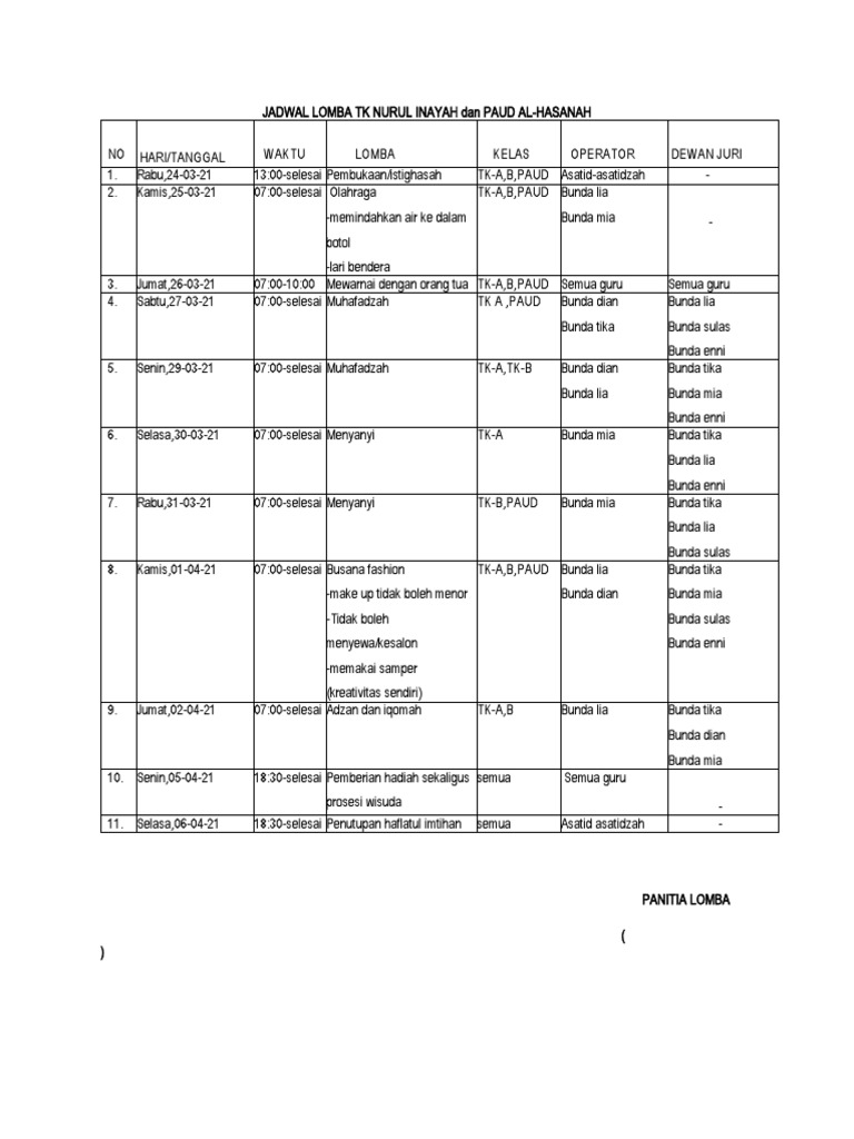 Jadwal Lomba TK Dan Paud | PDF