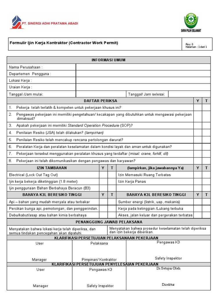 Formulir Ijin Kerja Kontraktor | PDF