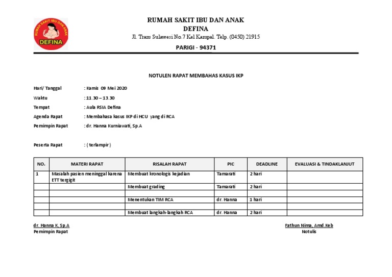 Rapat Kasus IKP di RSIA Defina | PDF