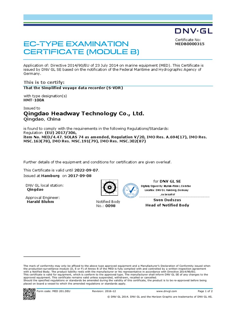 Ec-Type Examination Certificate (Module B) : Qingdao Headway Technology ...