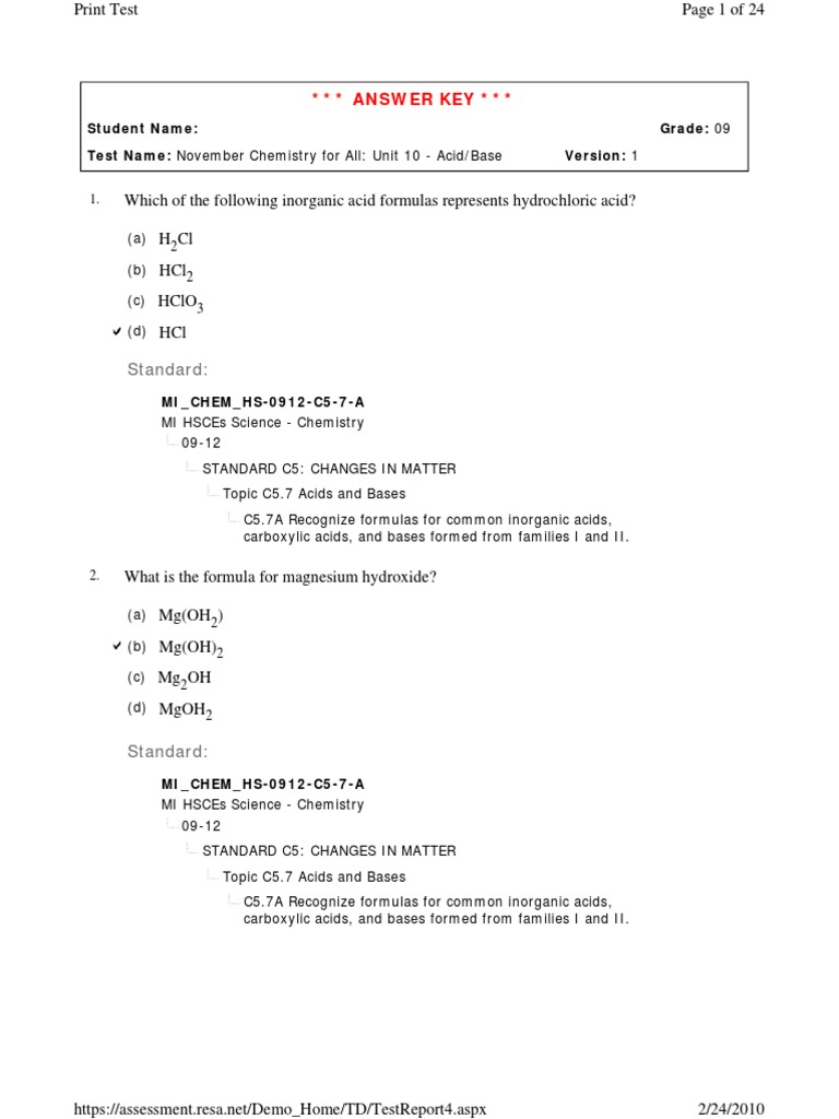 November Chemistry for All: Unit 10 - Acid/Base Answer Key and Student ...