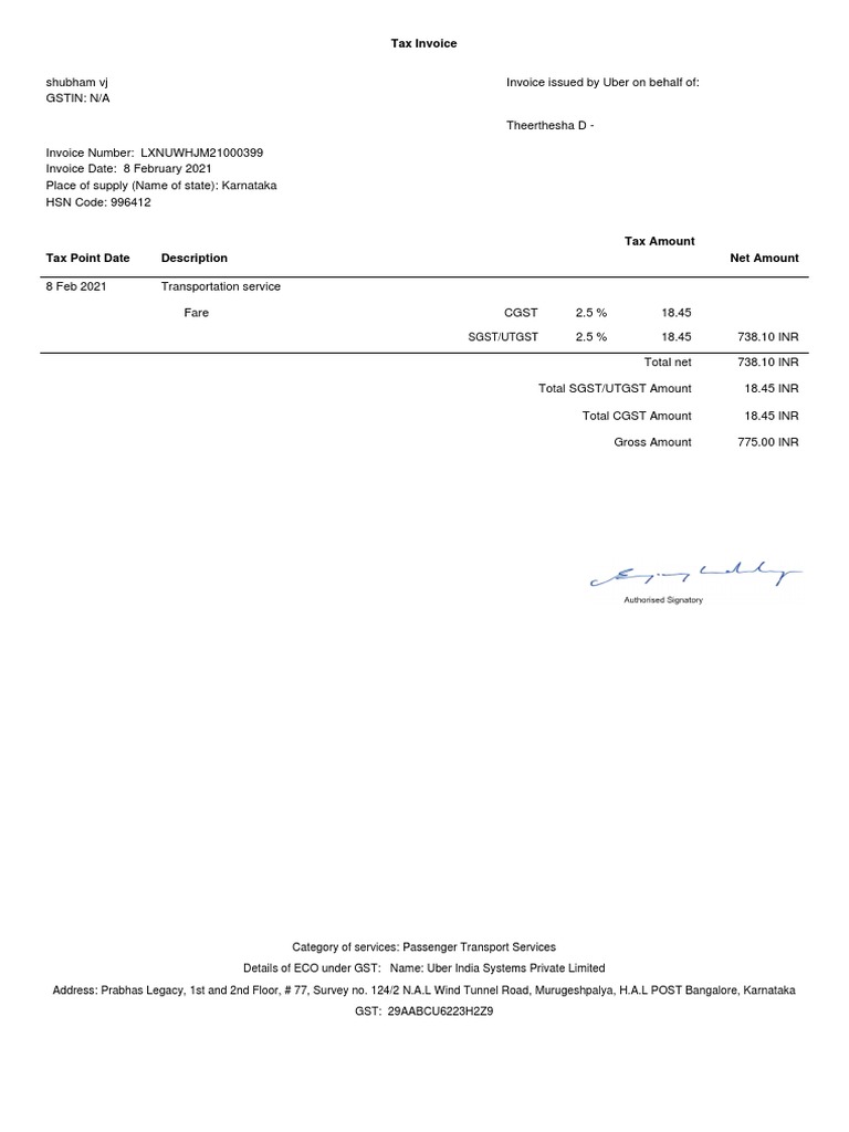 Uber Passenger Transport Invoice Details | PDF