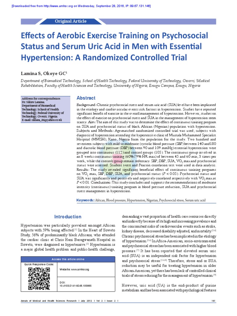 Effects of Aerobic Exercise Training On Psychosoci | PDF | Hypertension ...