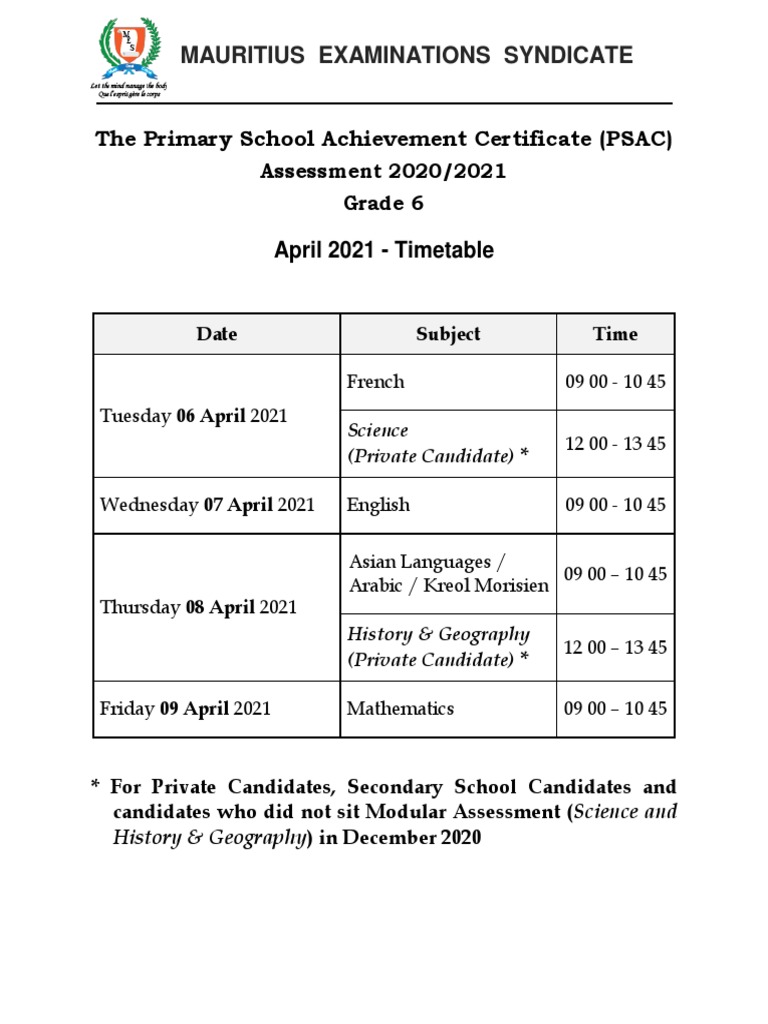 Psac Grade6 Amended Timetable | PDF