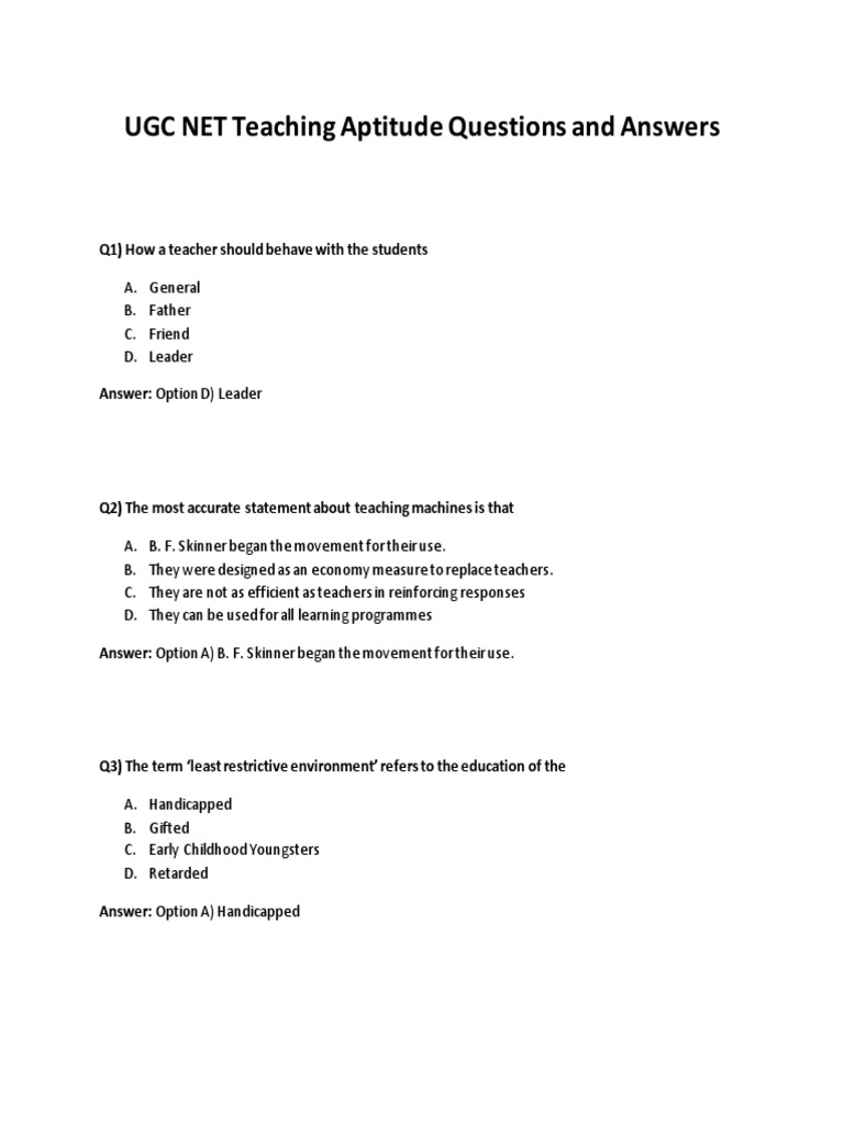 UGC NET Teaching Aptitude Questions and Answers | PDF | Teachers ...