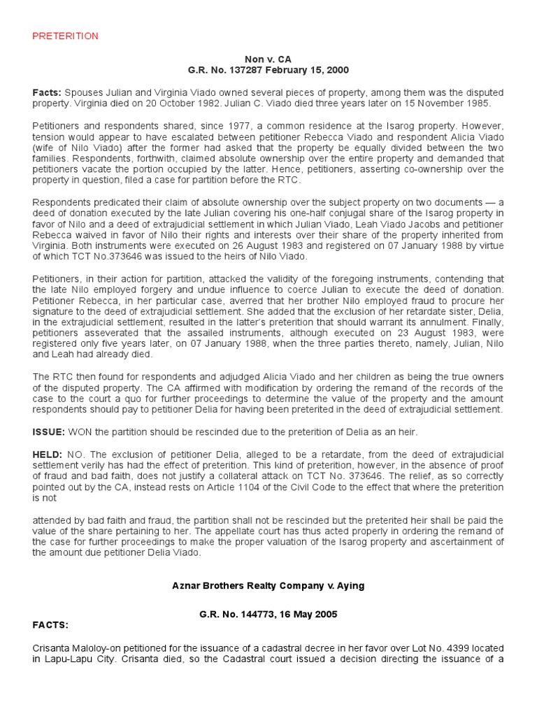 Preterition and Property Disputes | PDF | Real Property | Will And ...
