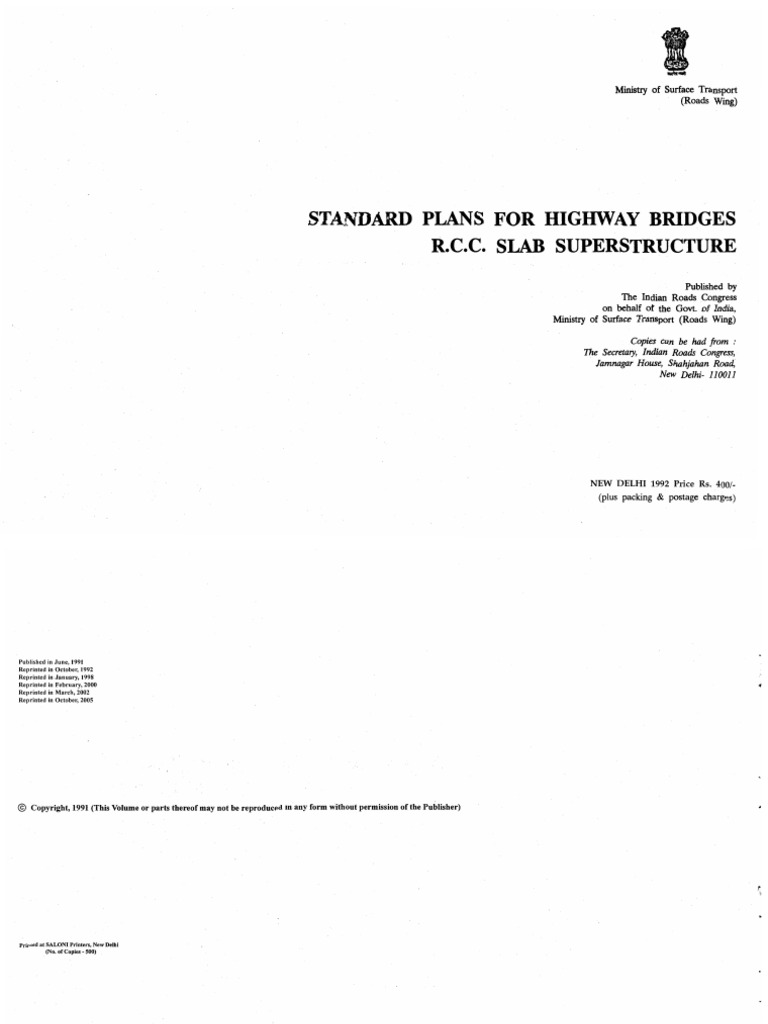 3 - STANDARD PLANS FOR HIGHWAY BRIDGES RCC SLAB SUPERSTRUCRURE SD - 101 ...