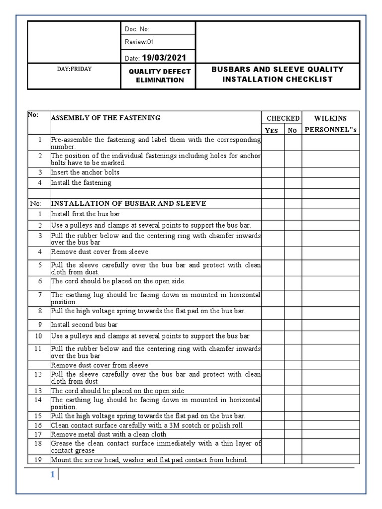 Busbars and Sleeve Quality INSTALLATION Checklist | PDF | Equipment ...