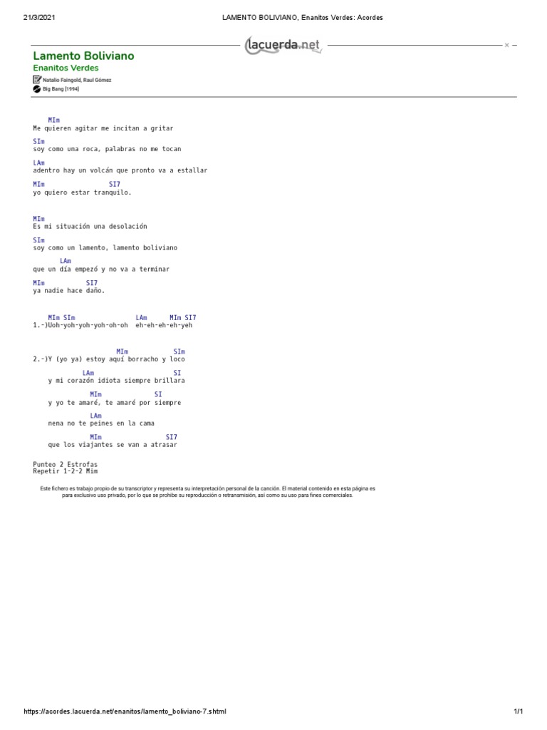 LAMENTO BOLIVIANO, Enanitos Verdes - Acordes | PDF