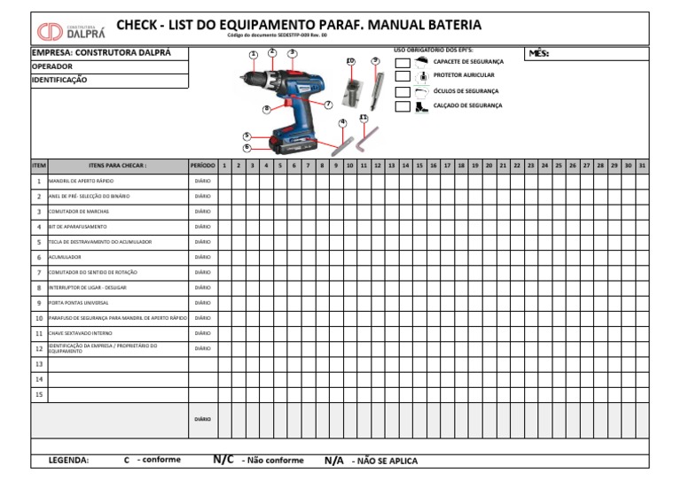 Checklist mensal de equipamentos para bateria manual | PDF | Bem-estar ...