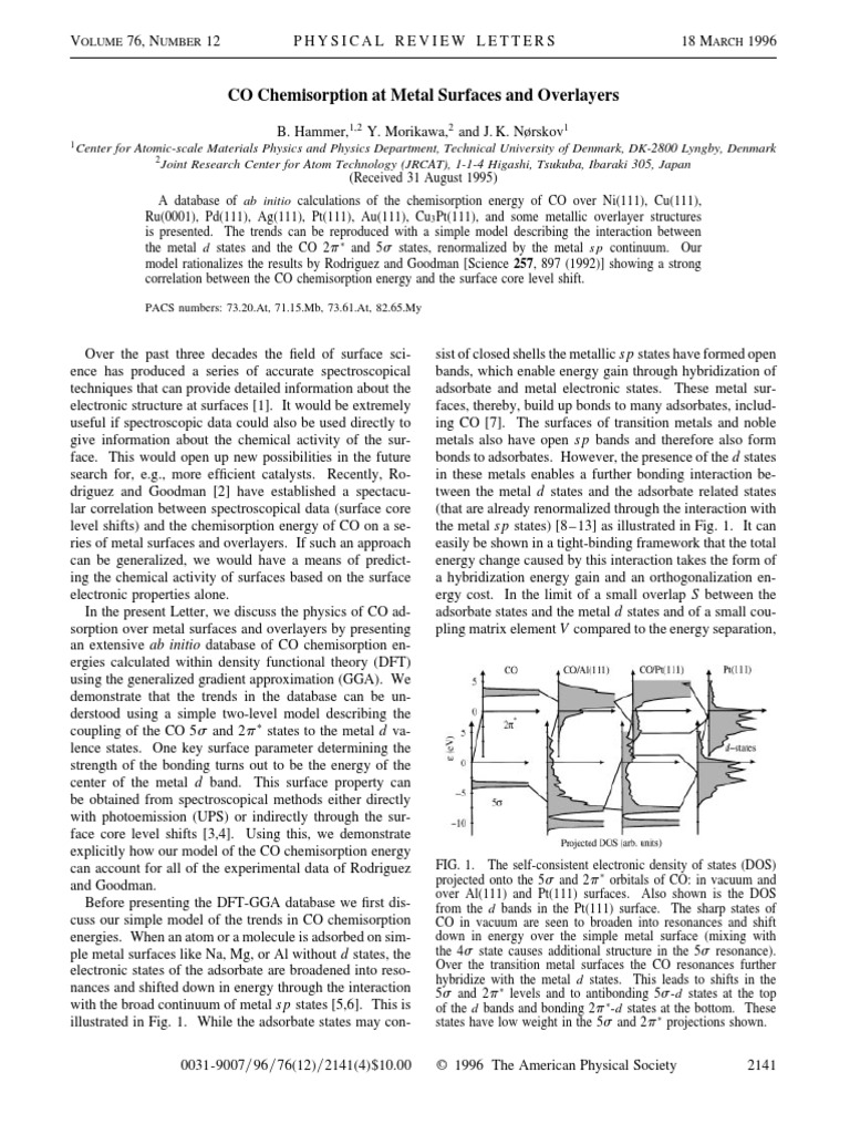 CO Chemisorption at Metal Surfaces and Overlayers: Olume Umber | PDF ...