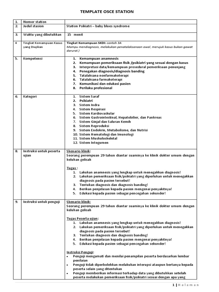 Template OSCE Station untuk Kasus Baby Blues Syndrome | PDF
