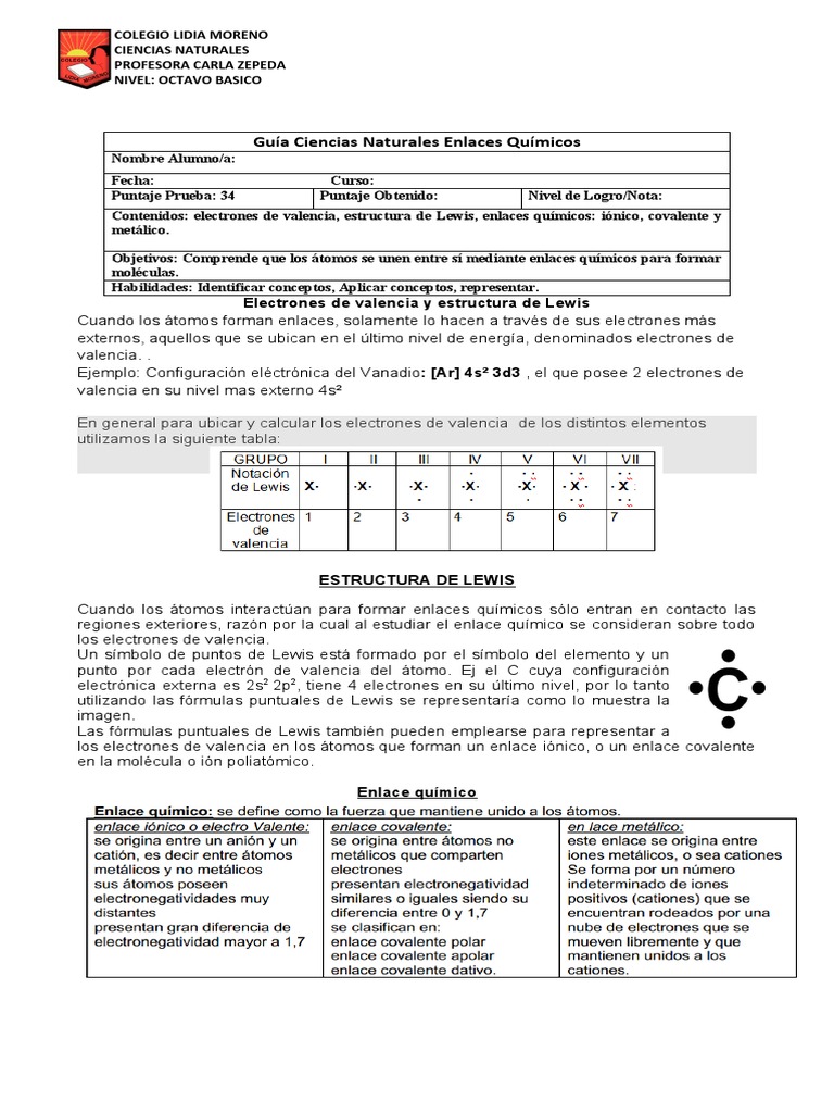 Guía de Enlaces Químicos 8° Básico | PDF | Enlace químico | Enlace ...