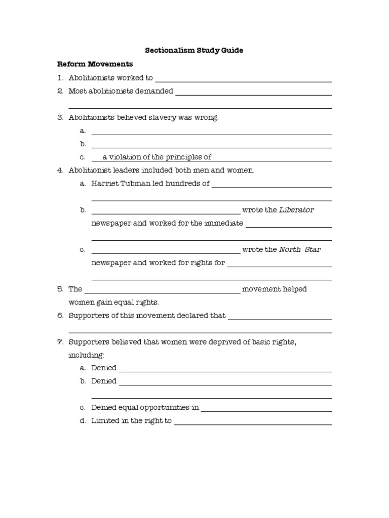 Sectionalism Study Guide | PDF | Abolitionism In The United States ...