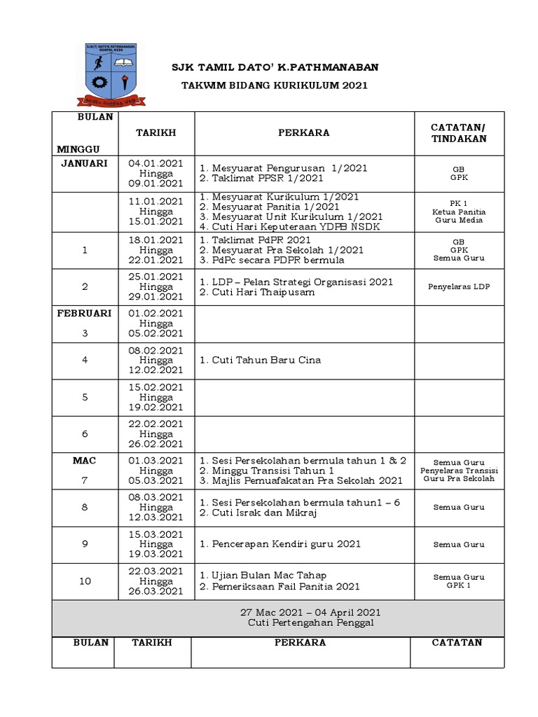 Takwim - Kurikulum 2021 | PDF
