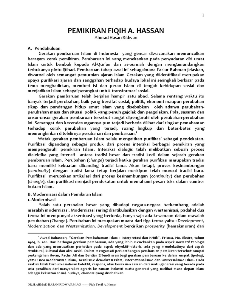 Pemikiran Fiqih A. Hassan (Ahmad Hasan Ridwan) | PDF