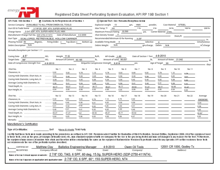 Registered Data Sheet Perforating System Evaluation, API RP 19B Section ...