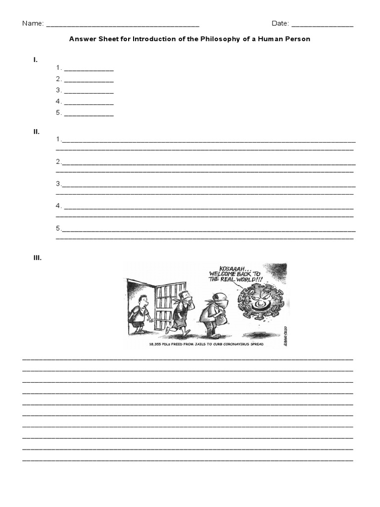 Answer Sheet For Introduction of The Philosophy of A Human Person I | PDF