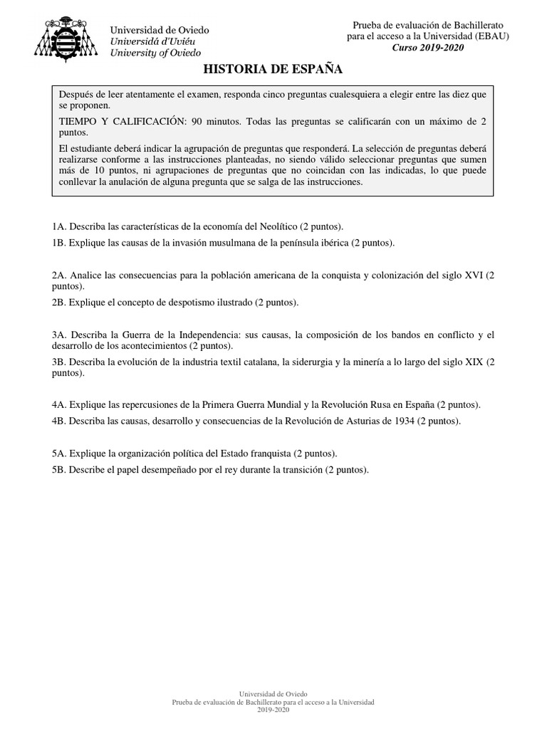Historia de España Examen DinA4 - A | PDF
