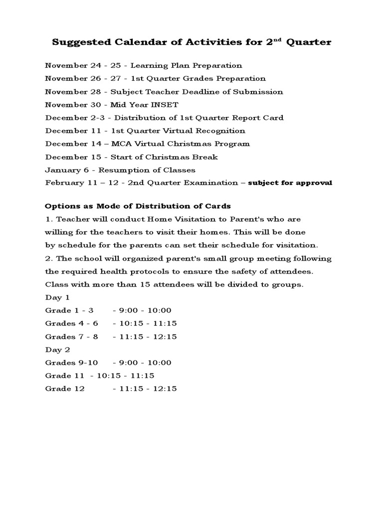 2nd Quarter School Activity Calendar | PDF | Career & Growth | Self ...
