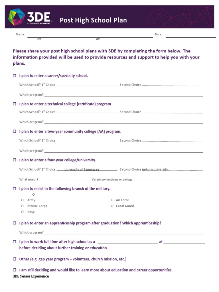 Post High School Plan Worksheet | PDF | Educational Stages | Schools