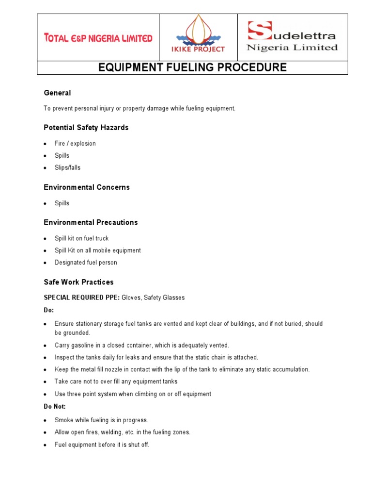 Equipment Fueling Procedure | PDF | Safety | Personal Protective Equipment