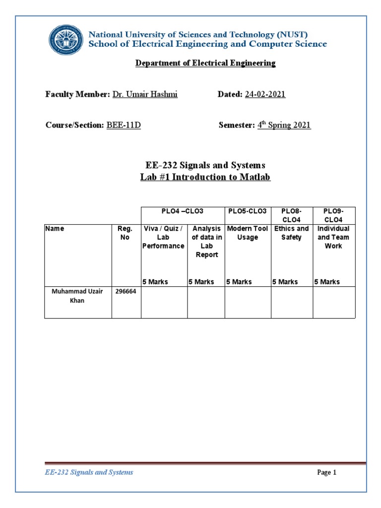 EE-232 Signals and Systems Lab #1 Introduction To Matlab: Department of Electrical Engineering ...