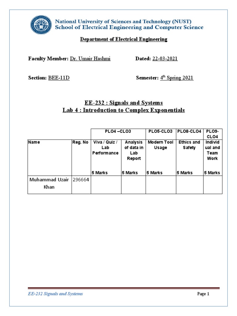 EE-232: Signals and Systems Lab 4: Introduction To Complex Exponentials | PDF | Complex Number ...