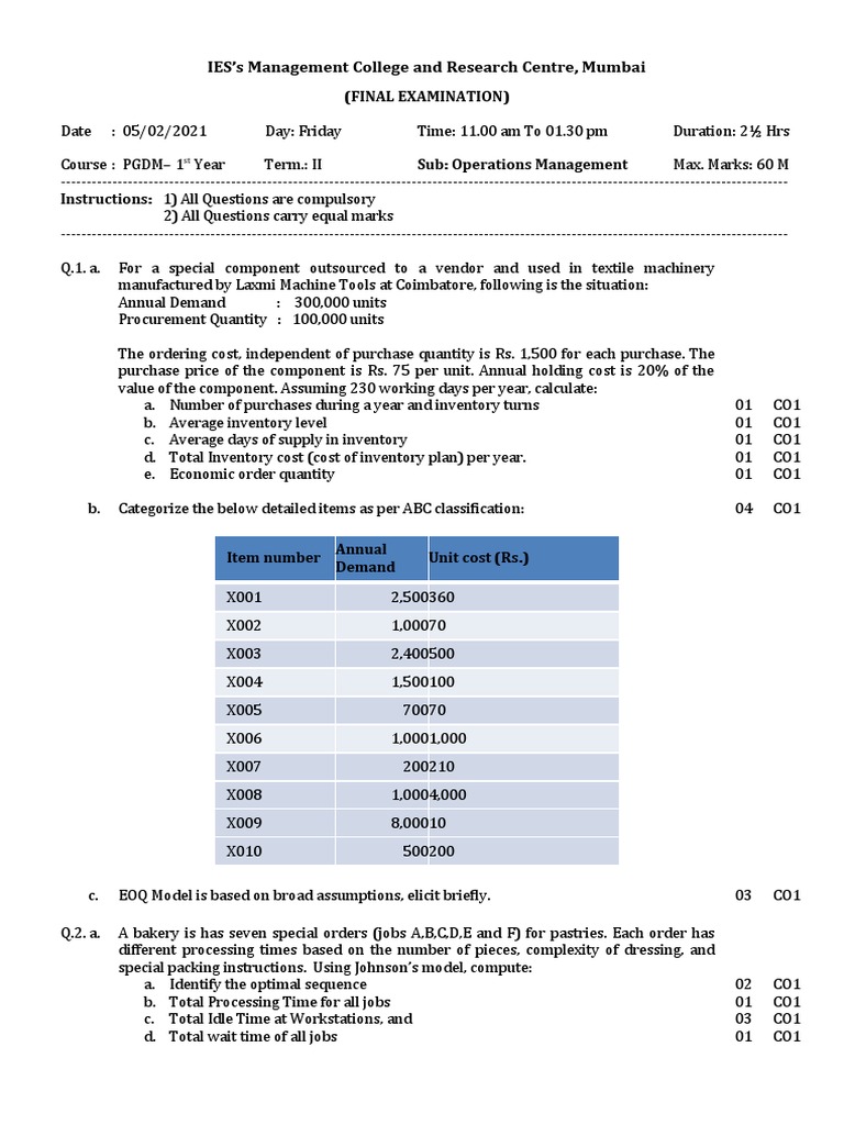 Operataions MGMT - Final Exam Paper-PGDM TERM-II | PDF | Inventory | Demand