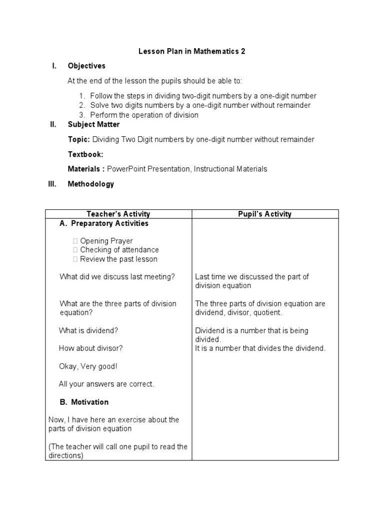 Detailed Lesson Plan Primary Mathematics | PDF | Division (Mathematics ...