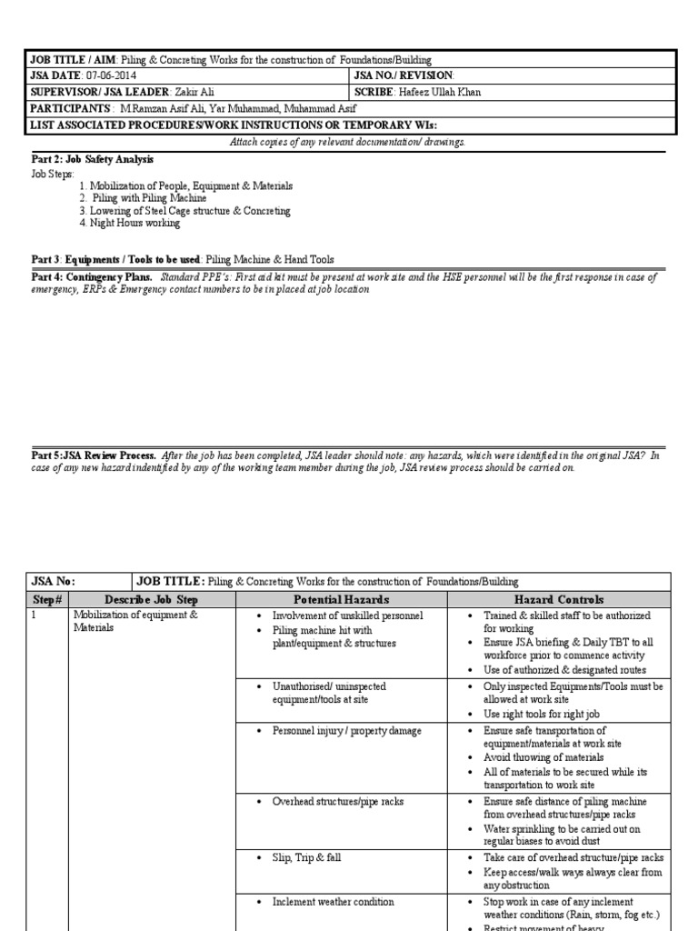 004 Piling JSA | PDF | Personal Protective Equipment | Occupational Safety And Health