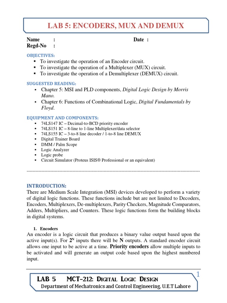 LAB 5: Encoders, MUX AND Demux: Name: Date: Regd-No | PDF | Information ...