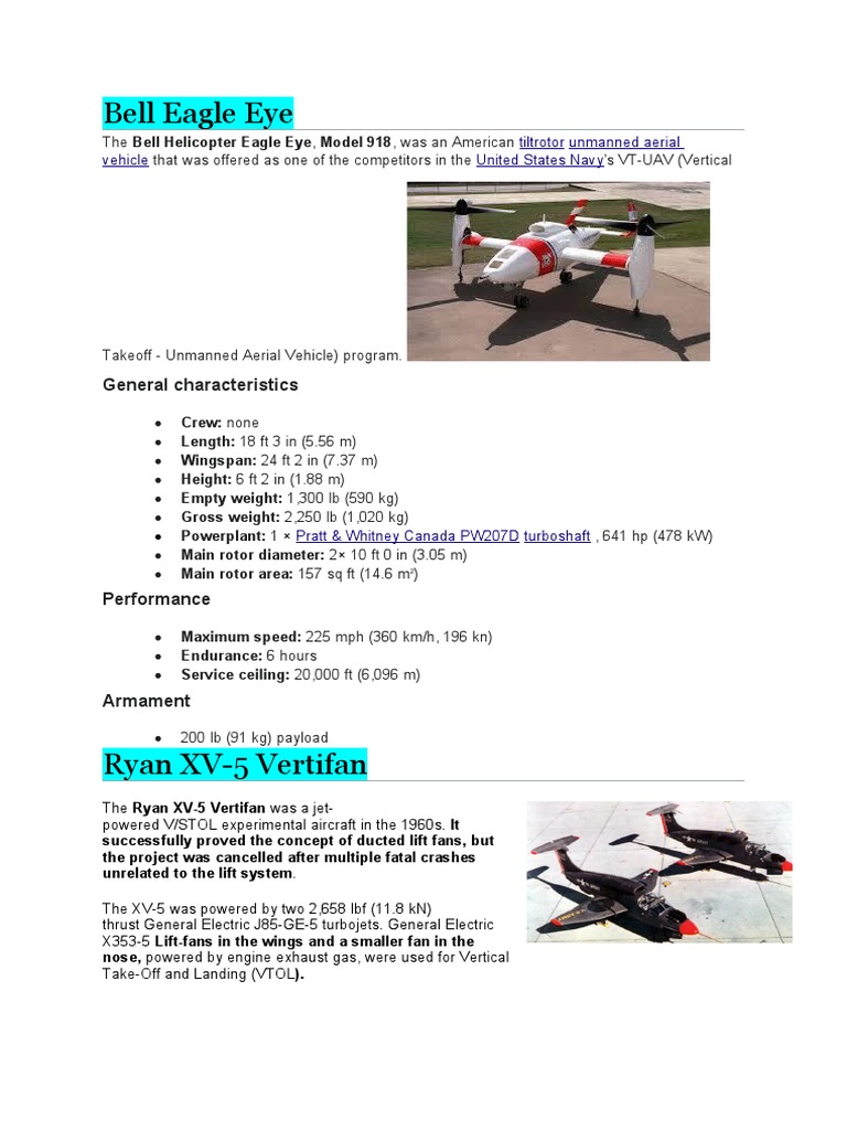 Bell Eagle Eye: General Characteristics | PDF | Vehicle Design | Flight