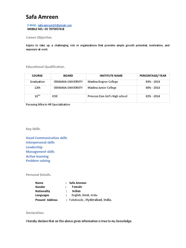 Safa Amreen Resume for MBA in HR | PDF