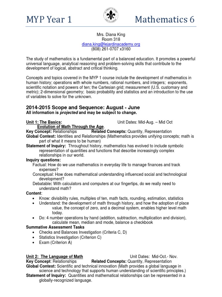 MYP Year 1 Mathematics 6: 2014-2015 Scope and Sequence: August - June ...