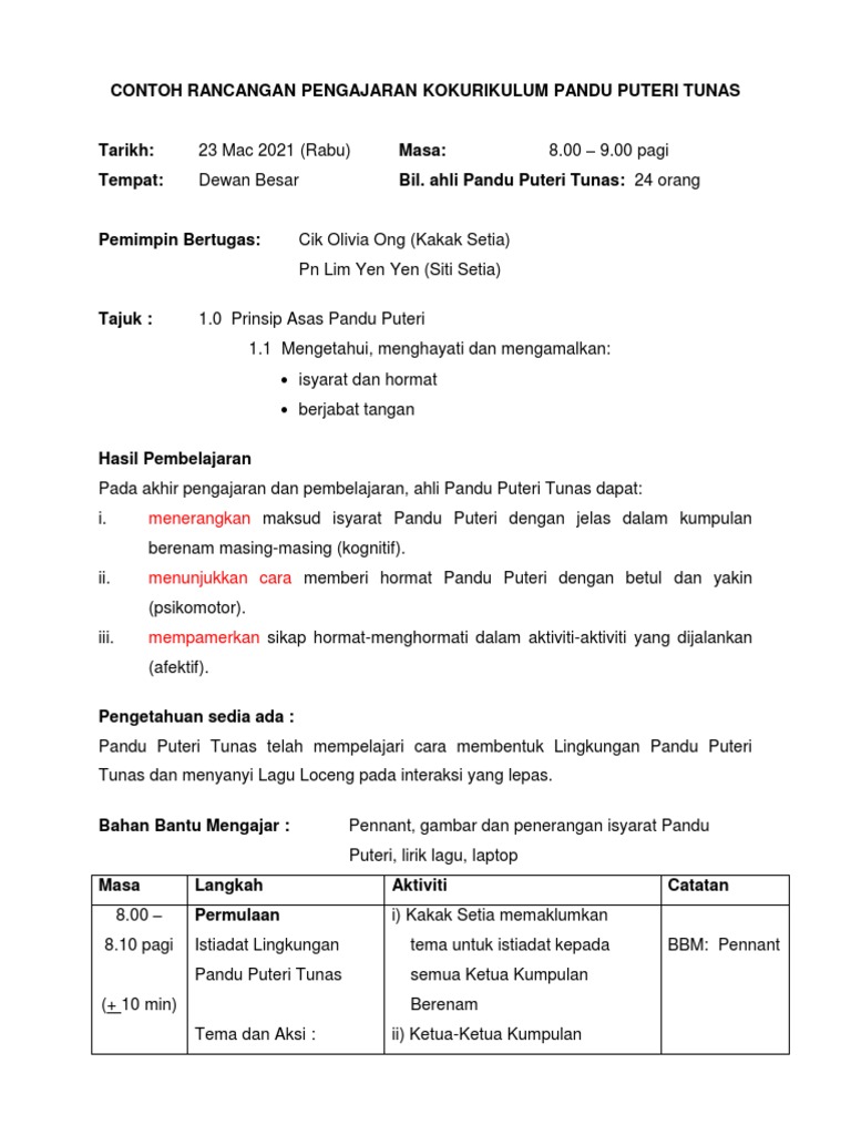 Contoh Rancangan Pengajaran Kokurikulum PP Tunas | PDF