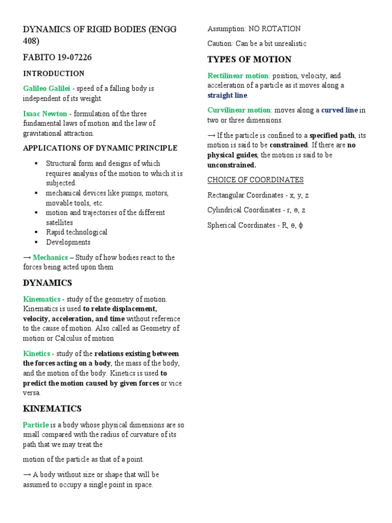 Types of Motion: Dynamics of Rigid Bodies (Engg 408) FABITO 19-07226 | PDF