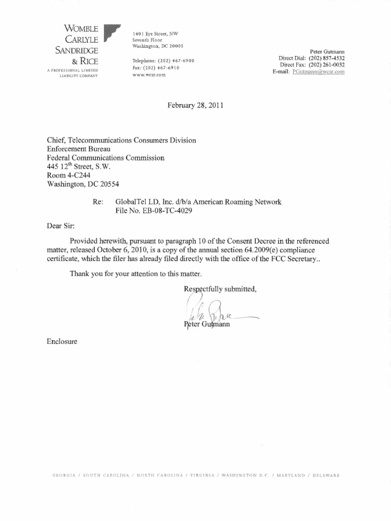 FCC Letter Re GlobalTel Compliance Certificate | PDF | Customer ...